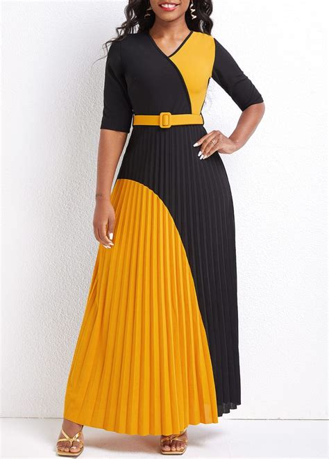 Pleated Belted V Neck Black Maxi Dress Sleeves Designs For Dresses