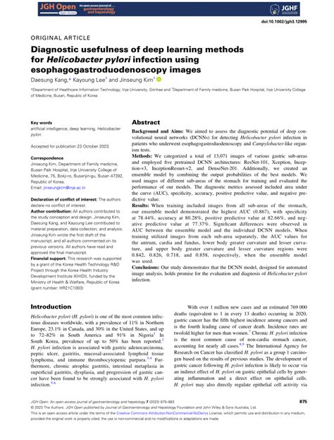 Pdf Diagnostic Usefulness Of Deep Learning Methods For Helicobacter Pylori Infection Using