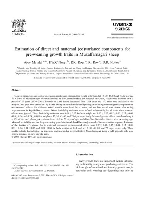 Pdf Estimation Of Direct And Maternal Covariance Components For Pre Weaning Growth Traits In