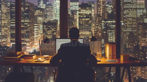Back View Of Business Man Working While Using Computer At Night Office