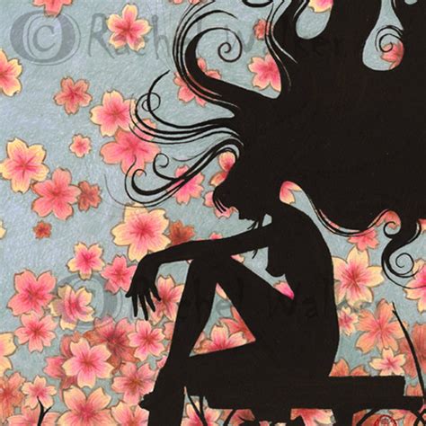 Watching Cherry Blossoms Sakura Wind Blown Hair Sexy Nude Shillouette Black Blue Sky Pink