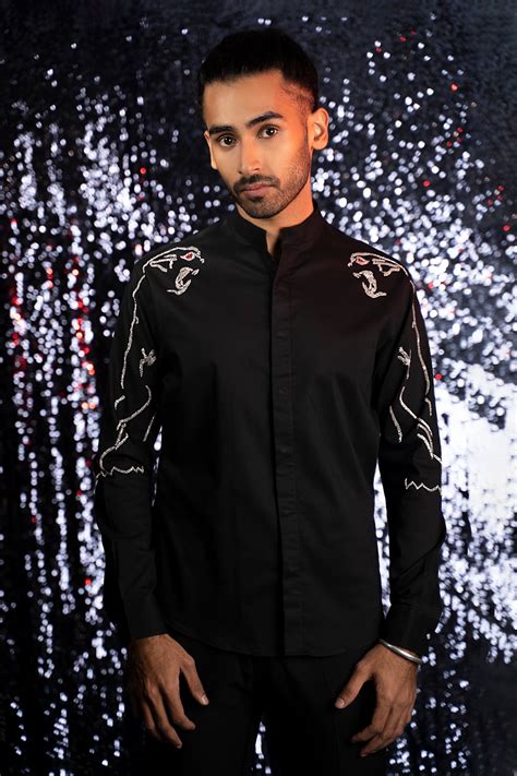 Buy Sanjana Reddy Black Cotton Panther Placement Embroidered Shirt Online Aza Fashions