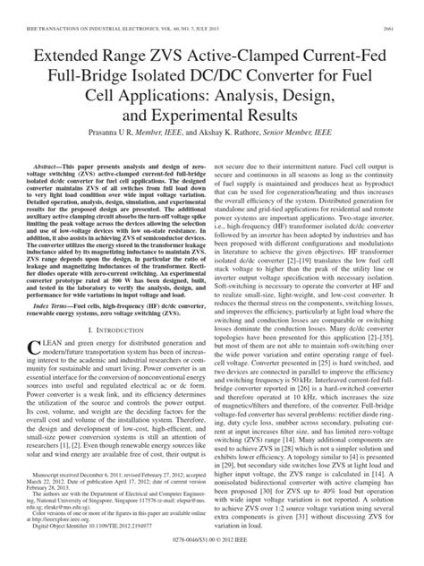 Extended Range Zvs Active Clamped Current Fed Full Bridge Isolated Dc Dc Converter For Fuel Cell