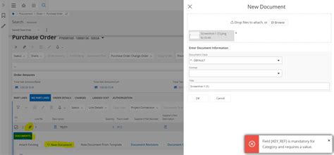 when attach a document to po line error field [key ref] is mandatory