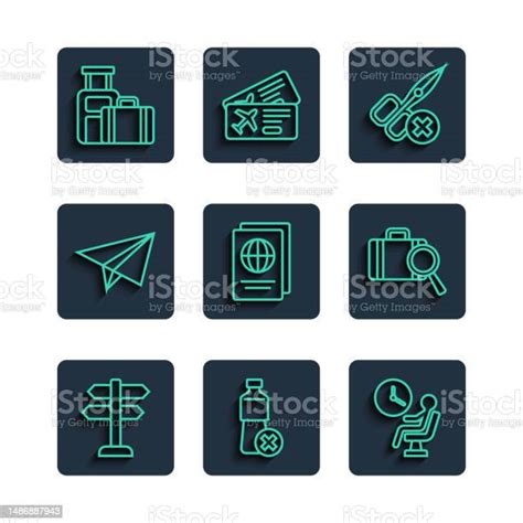 라인 도로 교통 표지판 물병 없음 공항 터미널에서 기다리는 사람 가위 여권 종이 비행기 여행 가방 및 분실 수하물 아이콘을 설정합니다 벡터 0명에 대한 스톡 벡터 아트 및