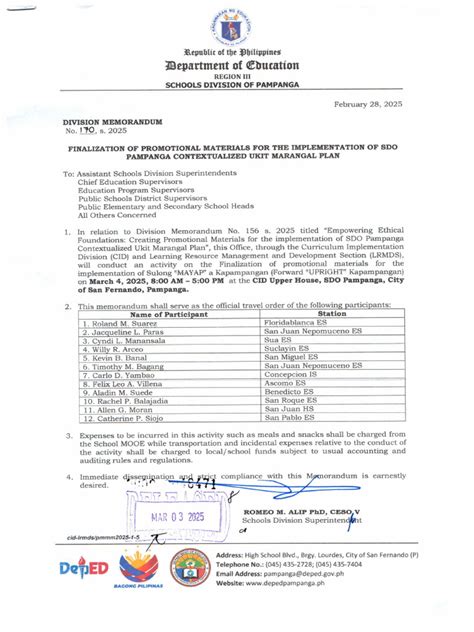 Division Memorandum No 170 S 2025 Finalization Of Promotional Materials For The