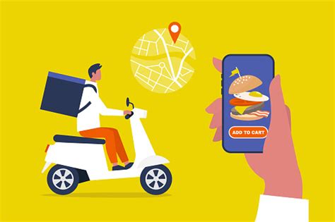 음식 배달 서비스 모바일 응용 프로그램 모터 자전거를 타고 큰 배낭과 젊은 남성 택배 플랫 편집 가능한 벡터 일러스트 클립 아트 배달에 대한 스톡 벡터 아트 및 기타 이미지