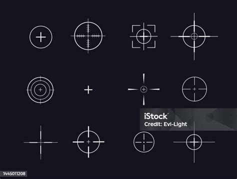 무기의 광학 시력 게임을위한 십자가 아이콘 디자인 저격수가 조준합니다 사냥 총 사격 검은 배경에 간단한 흰색 기호 세트입니다 벡터 그림입니다 검안사에 대한 스톡 벡터 아트