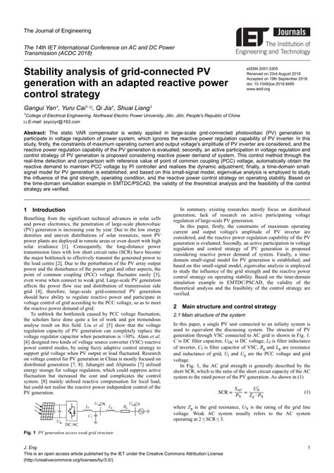 PDF Stability Analysis Of Grid Connected PV Generation With An Adapted Reactive Power Control