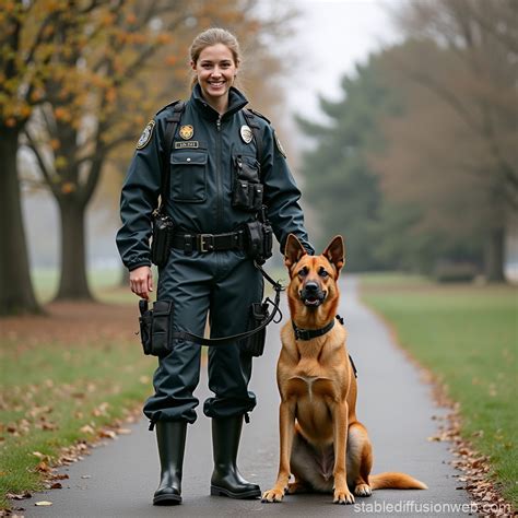Female Officer From K9 Unit Dressed In Rubber Suit Rubber Boots