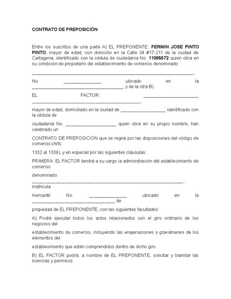 Contrato De Preposición Contrato De PreposiciÓn Entre Los Suscritos De Una Parte A El