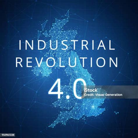 การปฏิวัติอุตสาหกรรมครั้งที่สี่บนแผนที่บล็อกเชนรูปหลายเหลี่ยมบริเตนใหญ่ ภาพประกอบสต็อก ดาวน์