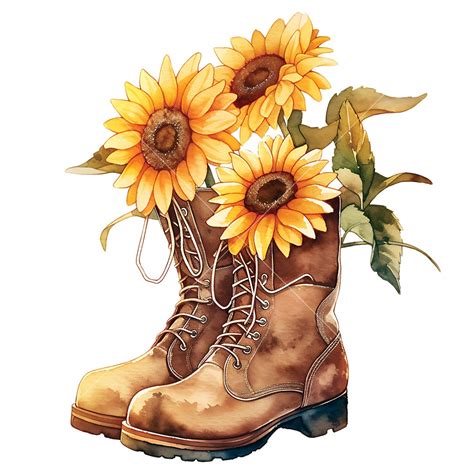 Boots With Sunflowers Watercolor Clipart Printable Image Etsy
