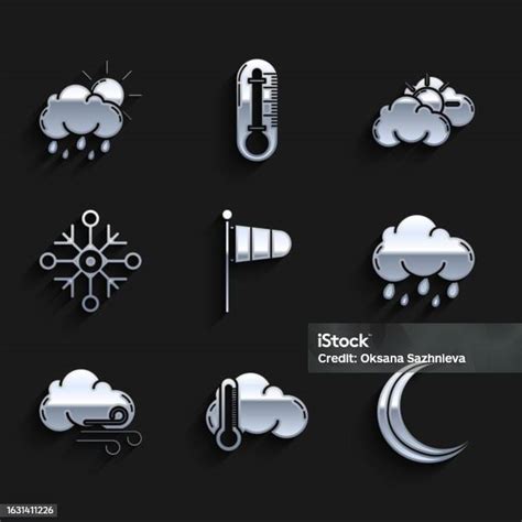 원뿔 기상학 Windsock 바람개비 온도계 및 구름 달 별 비가 내리는 구름 바람이 부는 날씨 눈송이 태양 및 태양 아이콘을 설정합니다 벡터 0명에 대한 스톡 벡터 아트