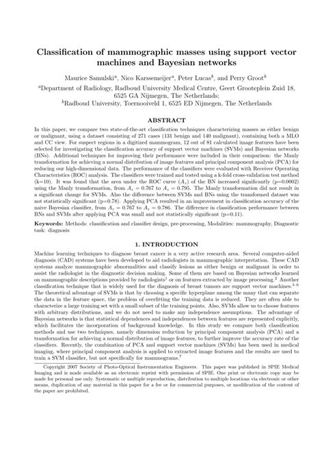 Pdf Classification Of Mammographic Masses Using Support Vector Machines And Bayesian Networks