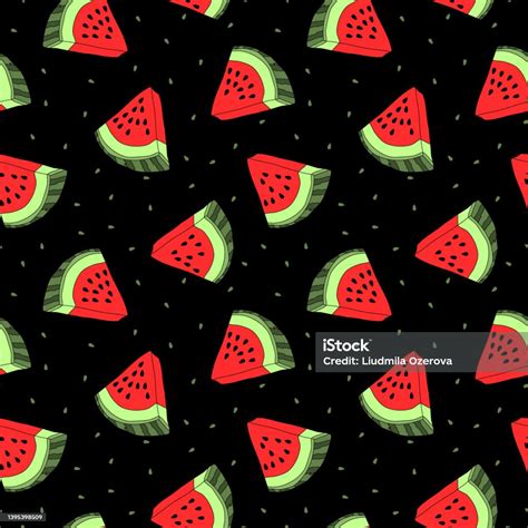 수박 조각으로 벡터 이음새가 없는 패턴 화려한 손으로 그린 반복 가능한 배경 씨앗을 배경으로 한 여름 과일 수박에 대한 스톡 벡터 아트 및 기타 이미지 Istock