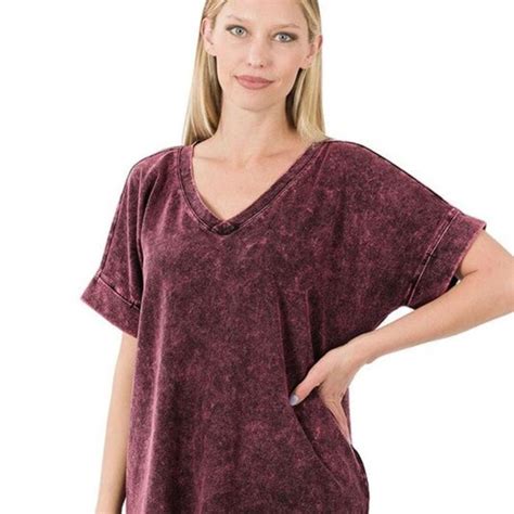 Zenana Outfitters Tops Mineral Wash Short Sleeve Vneck Dk Burgundy