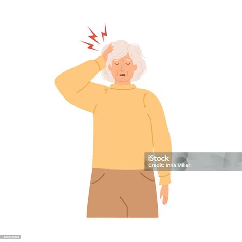 두통에 시달리며 괴로워하는 표정으로 머리를 아파하는 할머니 편두통 스트레스 노화 건강 문제 피로의 개념 플랫 스타일 벡터 일러스트 레이 션 Mental Wellbeing에
