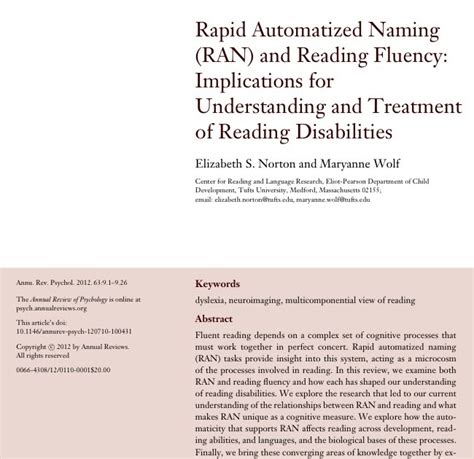 Iqs Corner Rapid Automatic Naming Ran And Reading Fluency Annual Review Of Psychology