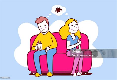 벡터 일러스트 레이 션의 화가 여자와 남자는 소파에 앉아 서로 떨어져 서로 다른 방향으로 설정 부정적인 사람들이 개념의 통신 우정에 대한 스톡 벡터 아트 및 기타 이미지