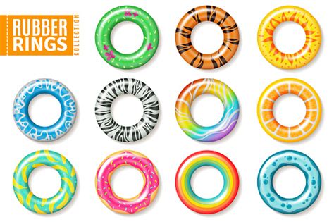 고무 링 수영 풍선 플 로트 풀 아이 부 표 장난감 다채로운 인명 구조 반지 아이 들 바닷가 여름 바다 현실적인 벡터 세트 3차원 형태에 대한 스톡 벡터 아트 및 기타