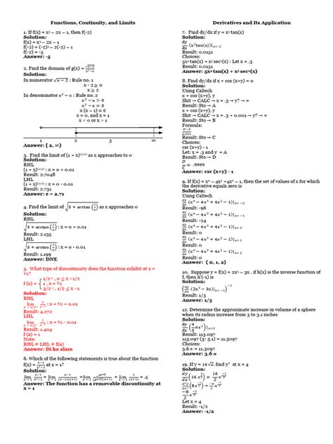 Diff Cal The1 Answer Key Pdf Mathematical Analysis Mathematics