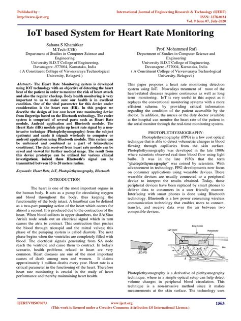 Iot Based System For Heart Rate Monitoring Ijertv9is070673 Pdf Arduino Atrium Heart