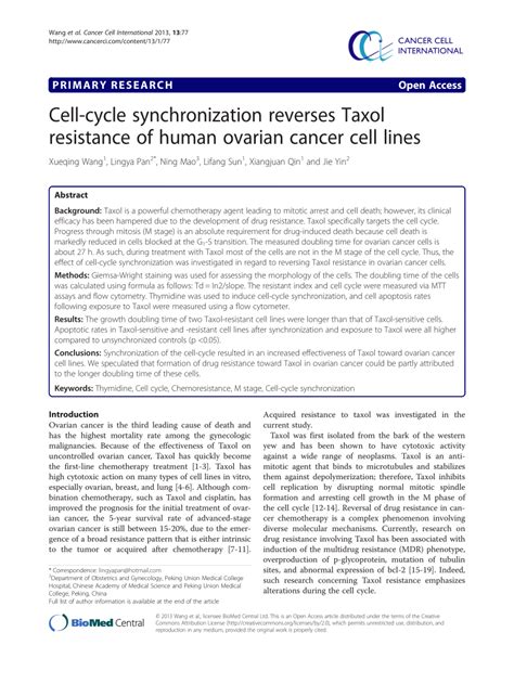 PDF Cell Cycle Synchronization Reverses Taxol Resistance Of Human Ovarian Cancer Cell Lines