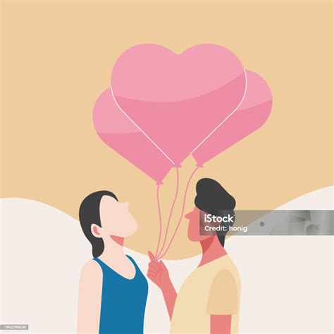 벡터 일러스트 레이 션 플랫 캐릭터 디자인 남자와 여자가 함께 하트 모양의 풍선을 들고 사랑과 발렌타인 테마 가족에 대한 스톡