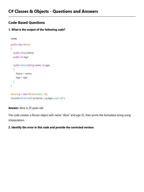 Csharp Classes Objects Questions And Answers Pdf Computer