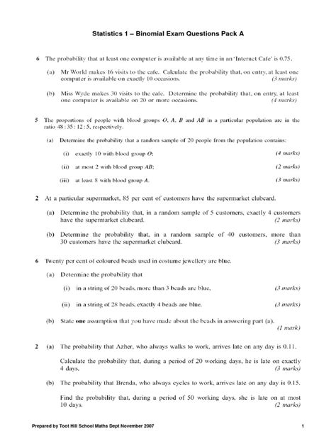 Statistics 1 Binomial Exam Questions Pack A Prepared By Toot Hill