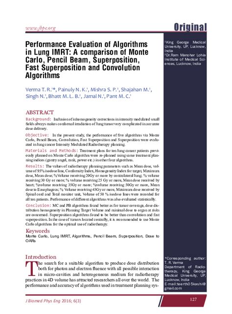Pdf Performance Evaluation Of Algorithms In Lung Imrt A Comparison