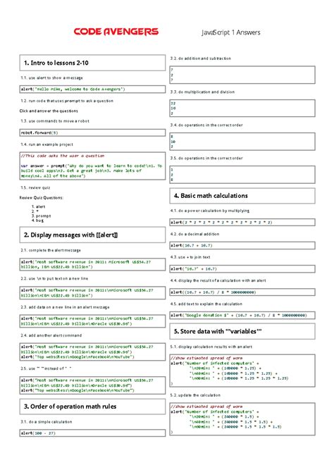 Java Ans Javascript 1 Answers 1 Intro To Lessons 2 Use Alert To