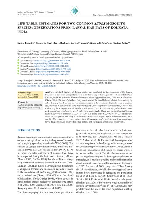 Pdf Life Table Estimates For Two Common Aedes Mosquito Species Observations From Larval