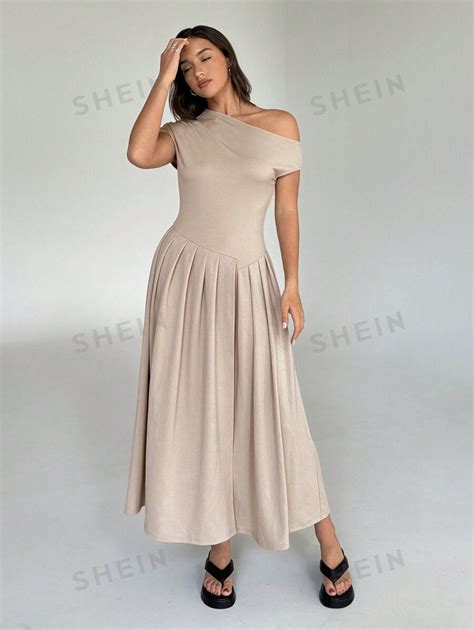 Shein Essnce 2024 New Spring Summer Asymmetrical Shoulder Pleated A Line Nude Dress For Women