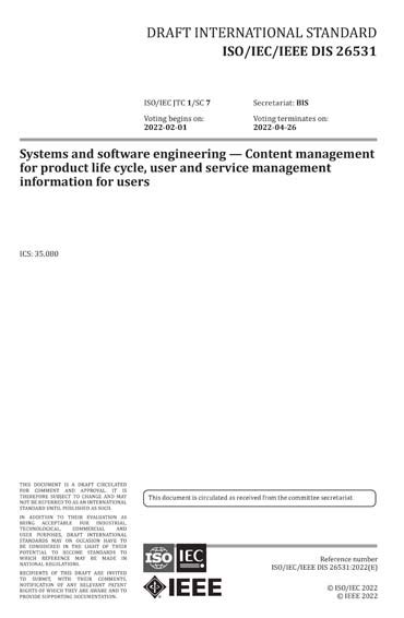 ISO IEC IEEE DIS 26531 2022 Systems And Software Engineering Content Management For Product
