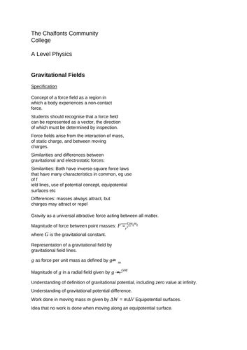 A Level Gravitational Fields Teaching Resources