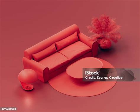 소파와 사이드 테이블이있는 아이소메트릭 단색 단일 빨간색 색상 인테리어 거실 빨간 방 3d 렌더링 0명에 대한 스톡 사진 및