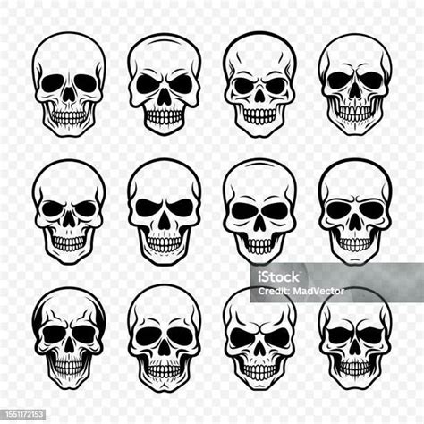 벡터 블랙 해골 아이콘 세트가 격리되었습니다 전면 보기에 윤곽선이 있는 두개골 컬렉션 손으로 그린 두개골 머리 디자인 템플릿 독극물에 대한 스톡 벡터 아트 및 기타 이미지