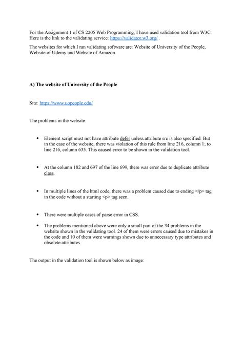Assignment 1 Here Is The Link To The Validating Service Validatorw3 The Websites For Which