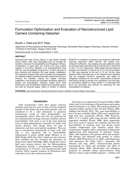 Pdf Formulation Optimization And Evaluation Of Nanostructured Lipid Carriers Containing Valsartan