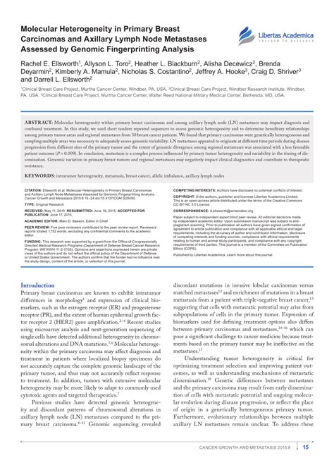 Pdf Molecular Heterogeneity In Primary Breast Carcinomas And Axillary Lymph Node Metastases