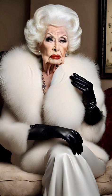 An Older Woman In White Fur Coat And Black Gloves Sitting On A Couch