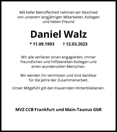 Traueranzeigen Von Daniel Walz Trauer Hna De