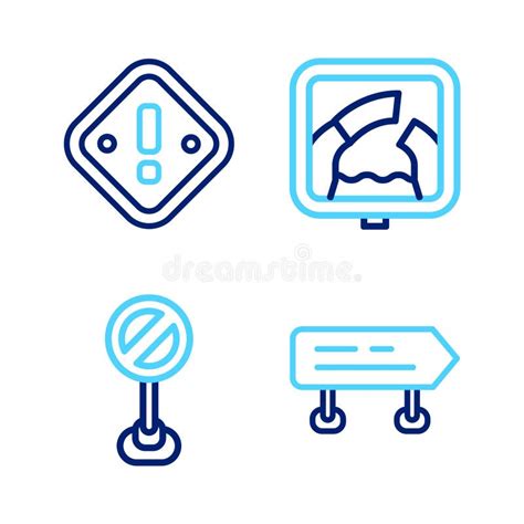 Set Line Road Traffic Sign Stop Drawbridge Ahead And Exclamation Mark In Triangle Icon Vector