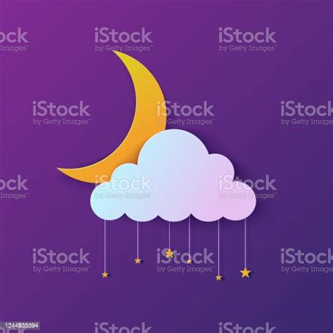 종이 컷 스타일의 밤 하늘 밧줄과 초승달 종이 컷 예술에 보라색과 파란색 그라데이션 구름과 별 3d 배경을 잘라 귀여운 종이 접기 구름 풍경입니다 벡터 좋은 밤 달콤한 꿈
