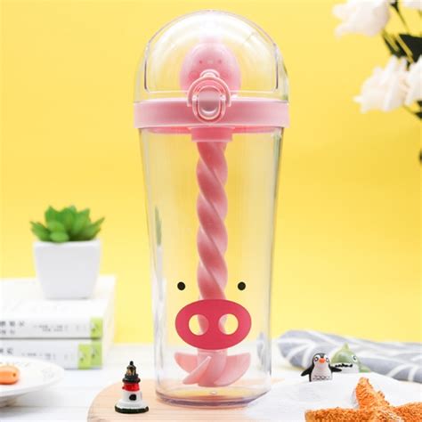 401 500ml 교반 컵 만화 밀짚 컵 학생 플라스틱 물 컵 휴대용 어린이 컵 핑크
