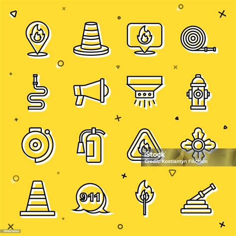 라인 설정 소방 호스 릴 소방관 소화전 화재 불꽃이 있는 위치 확성기 스프링클러 시스템 아이콘 벡터 물에 대한 스톡 벡터 아트