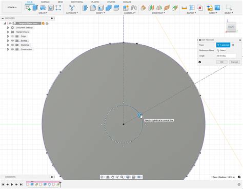 Fusion 360에서 원통의 구멍 위에 평면 방향을 지정하는 방법