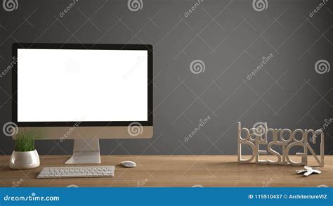 Desktop Mockup Template Computer On Wooden Work Desk With Blank Screen House Keys 3d Letters